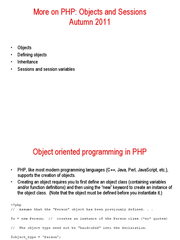 More On Php Objects And Sessions Autumn 2011 Pdf Class Computer Programming Constructor