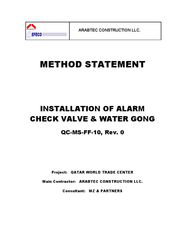 Method Statement: Installation of Alarm Check Valve & Water Gong | PDF
