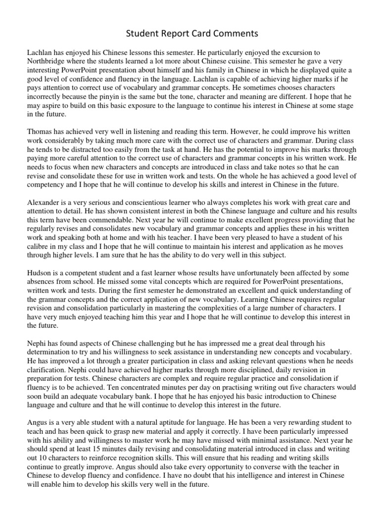 Student Report Card Comments on Chinese Language Learning | PDF ...
