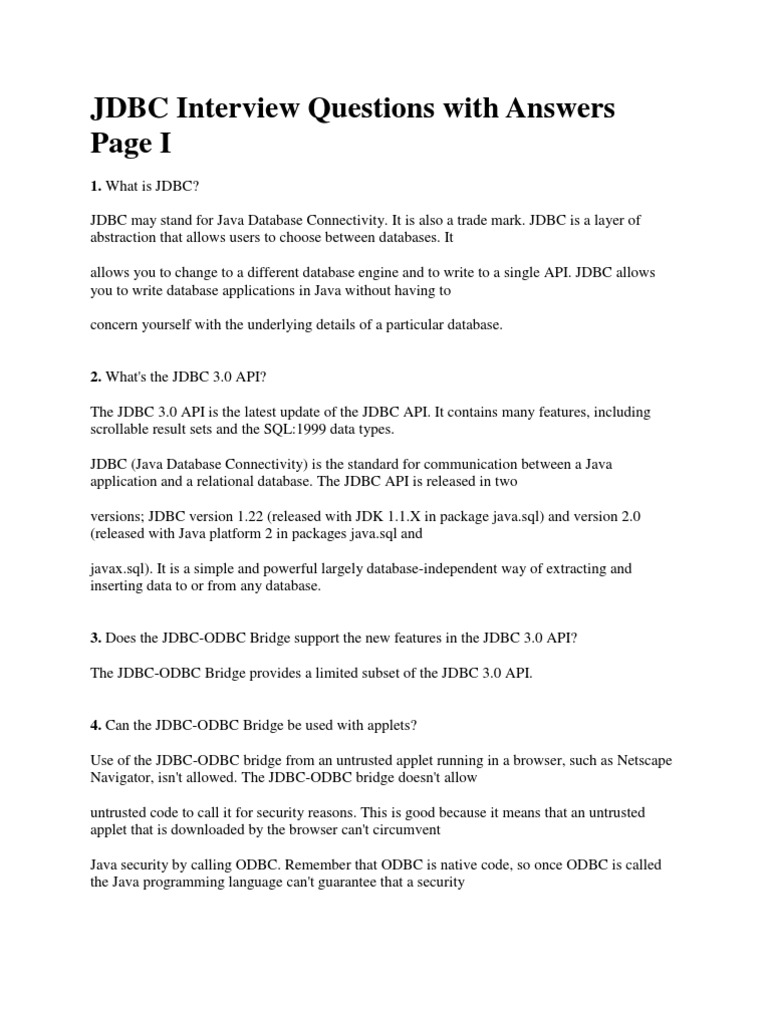 Jdbc Interview Questions With Answers Page I Pdf Databases Sql