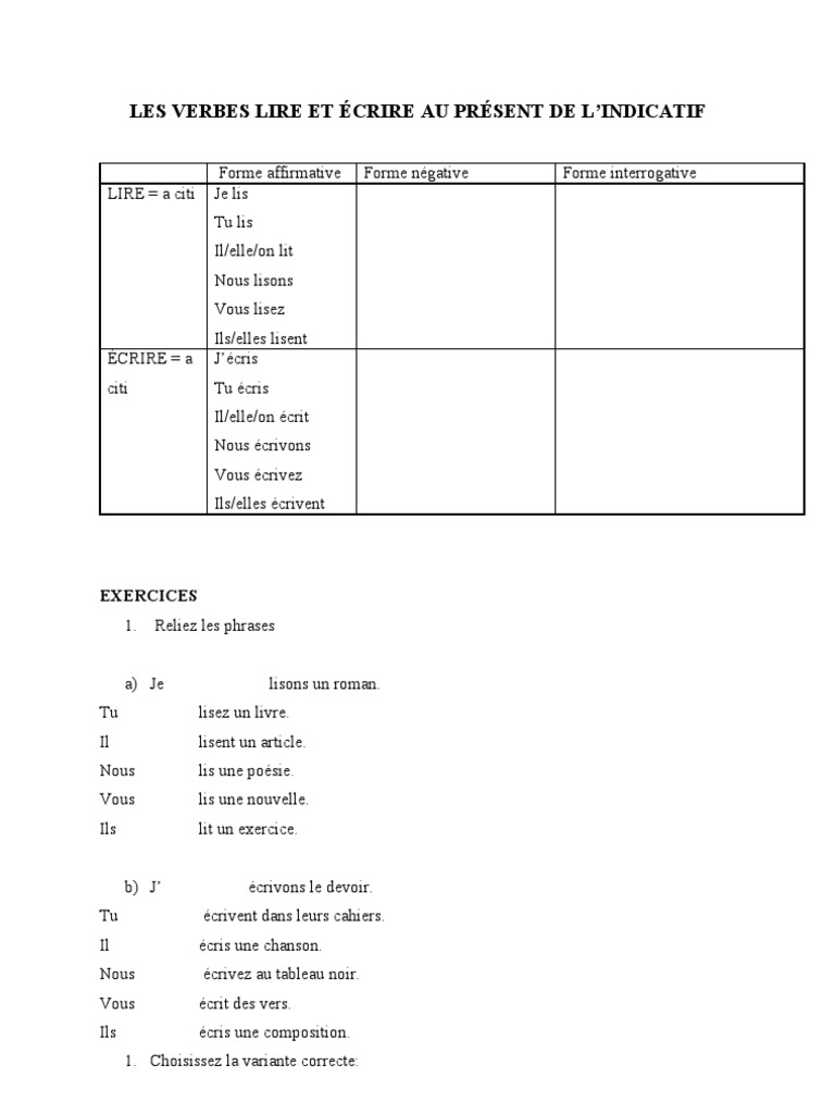 Les Verbes ECRIRE Et LIRE Au Present | PDF