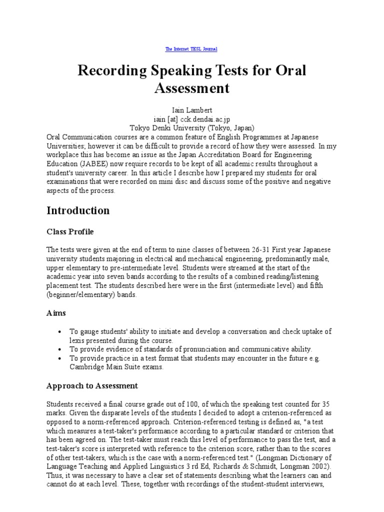 Recording Speaking Tests For Oral Assessment | PDF | Career & Growth