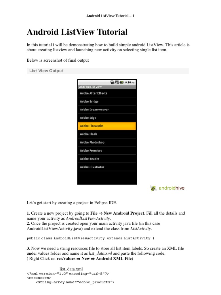 Android ListView Tutorial - Build a simple listview and launch new activity | PDF | Android ...