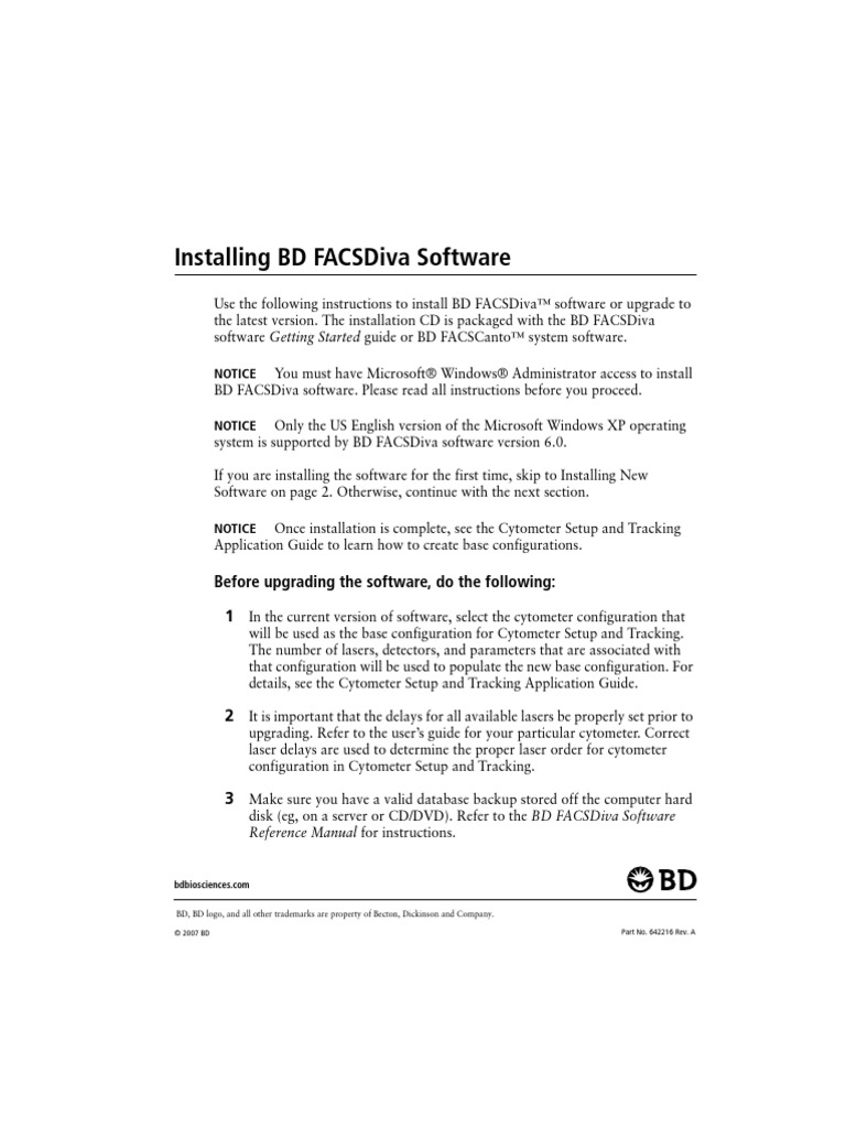 BD FACSDiva 6.0 SW Installation Instructions | PDF | Windows Xp | Installation (Computer Programs)