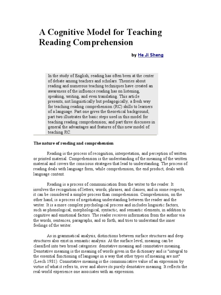 A cognitive model | Reading Comprehension | Recall (Memory)