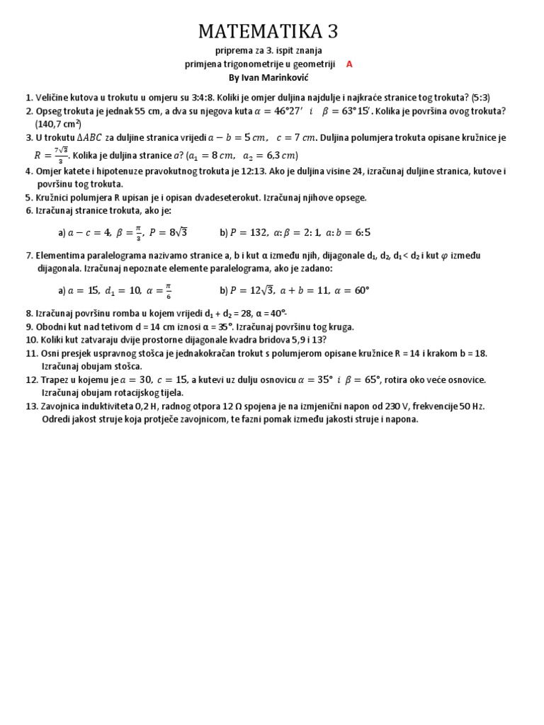 Primjena Trigonometrije U Geometriji - PRIPREMA AB | PDF