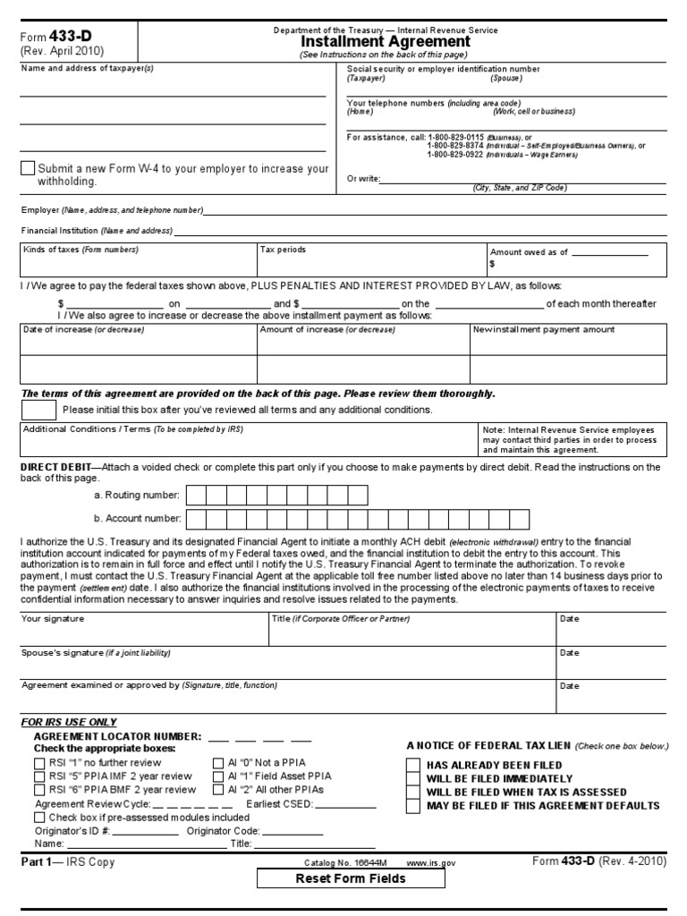 IRS Publication Form 433d | Internal Revenue Service | Taxation In The ...