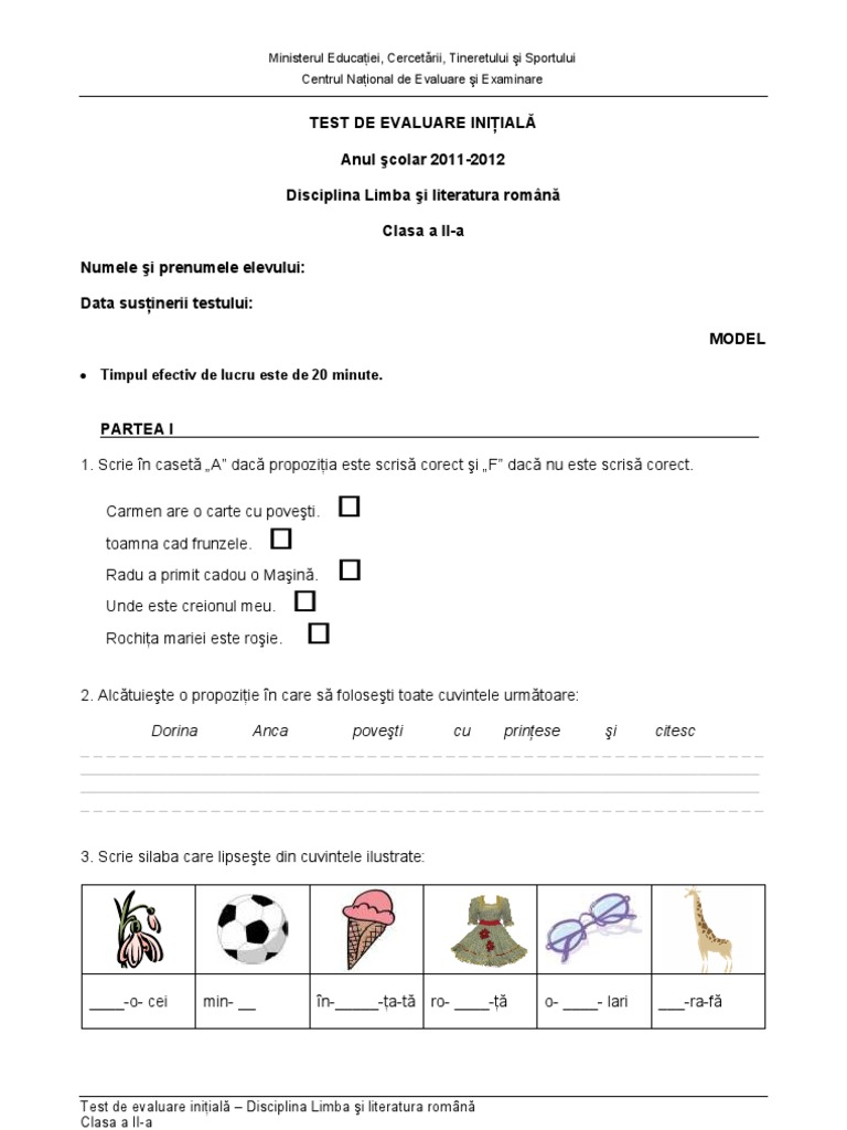 Teste evaluare Limba romana clasa a 2-a