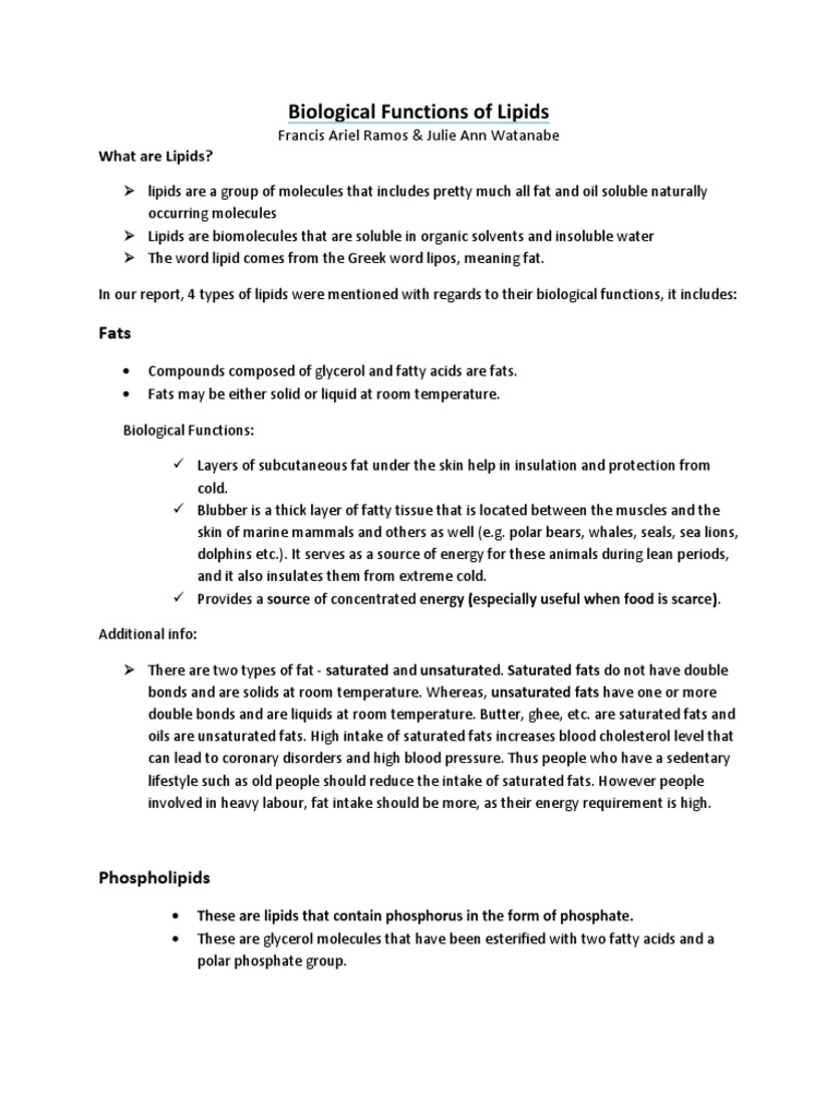 Biological Function of Lipids | PDF | Lipid | Fat