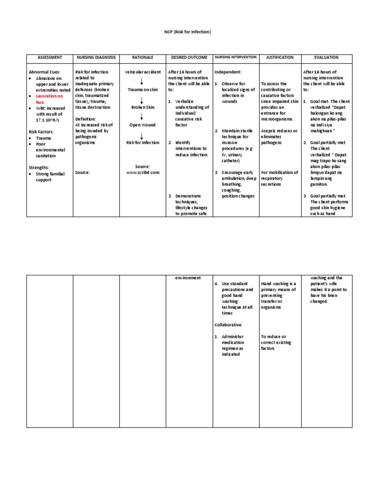 Nursing Care Plan (Risk for Infection) CVA