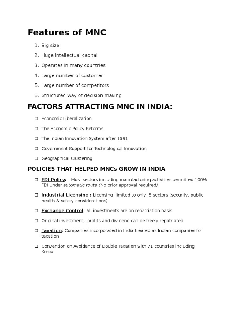 Features of MNC | Multinational Corporation | Foreign Direct Investment