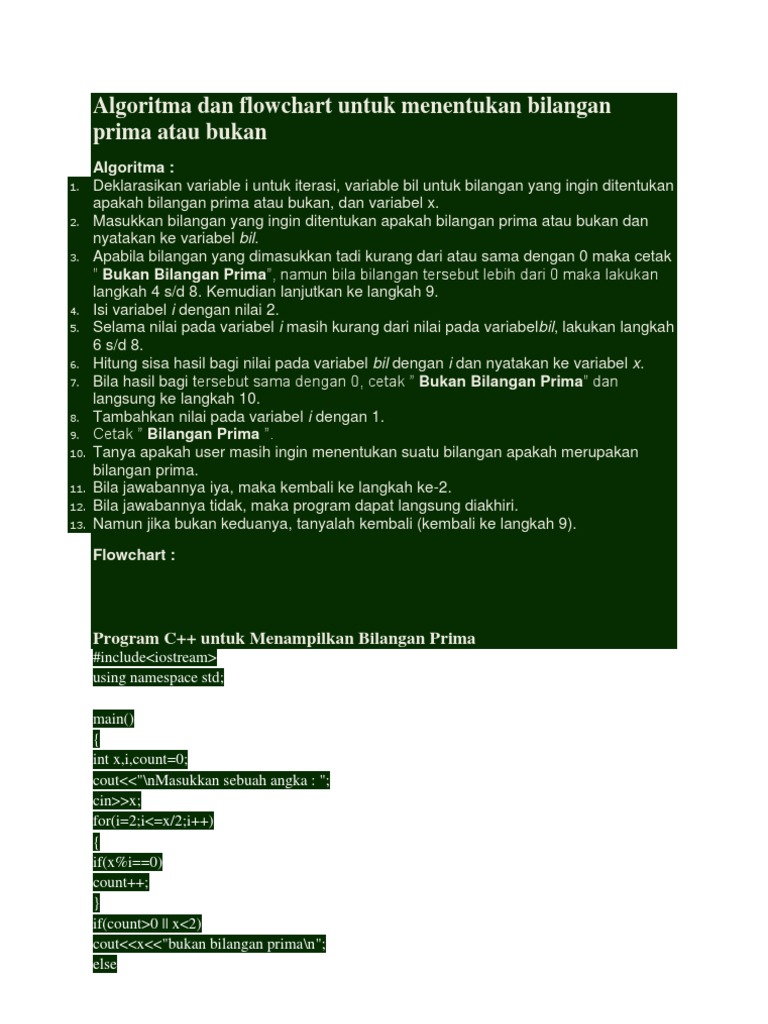 Algoritma Dan Flowchart Untuk Menentukan Bilangan Prima Atau Bukan | PDF