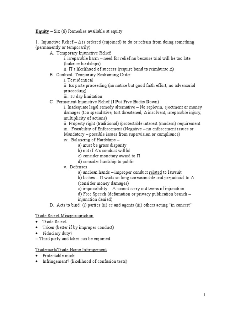 Equity Bar Outline | PDF | Injunction | Misrepresentation