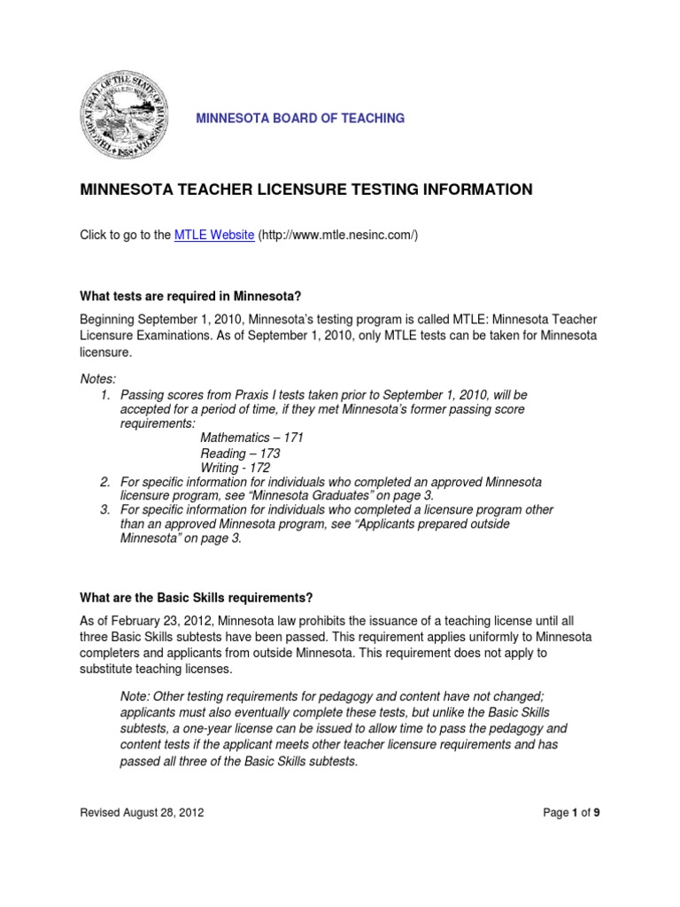 Minnesota Teacher Licensure Testing Information Revised 8.28.12 | PDF ...