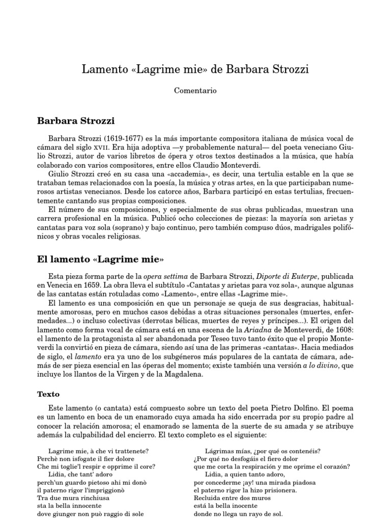 Lamento - Lagrime Mie - de Barbara Strozzi | PDF | Música clásica | Composiciones Musicales