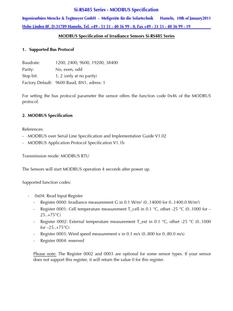 Specification Si-RS485 MODBUS 20110110 | PDF | Byte | Electronics