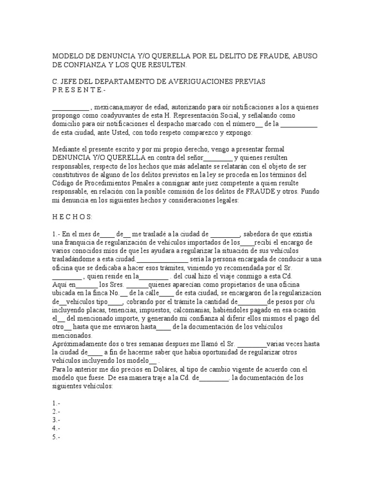 Modelo de Denuncia y o Querella Por El Delito de Fraude, Abuso de Confianza y Los Que Resulten ...
