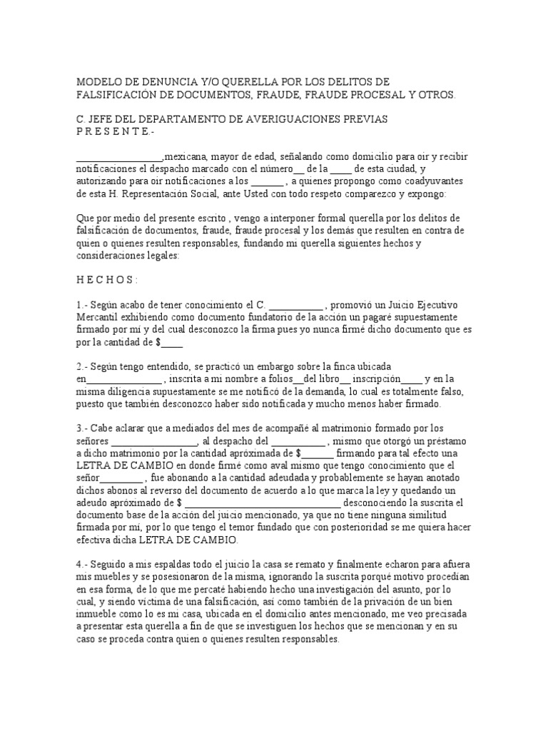 Modelo de Denuncia y o Querella Por Los Delitos de Falsificación de Documentos, Fraude, Fraude ...