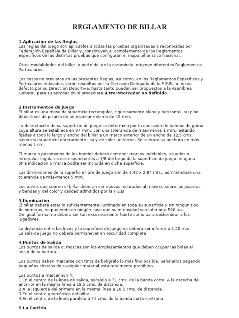 Reglamento de Billar | PDF | Cue Sports | Deportes de precisión