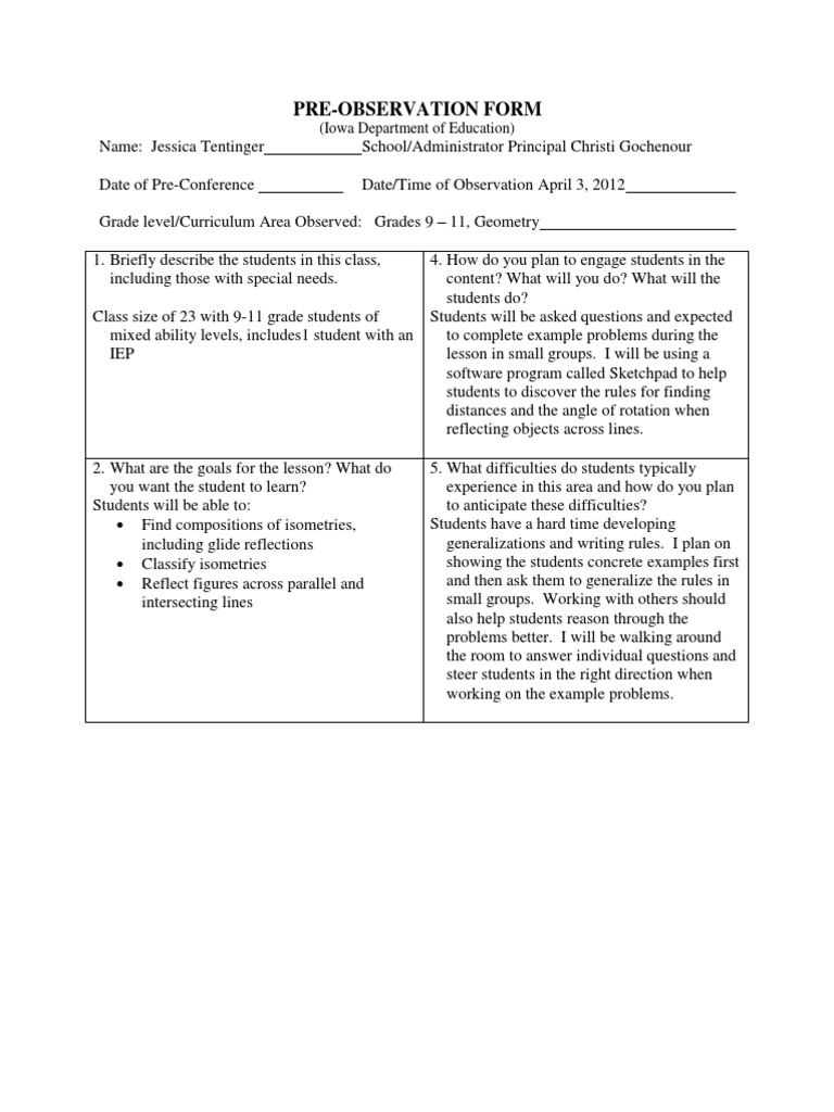 Pre-Observation Form Spring 2012 | PDF | Educational Assessment ...