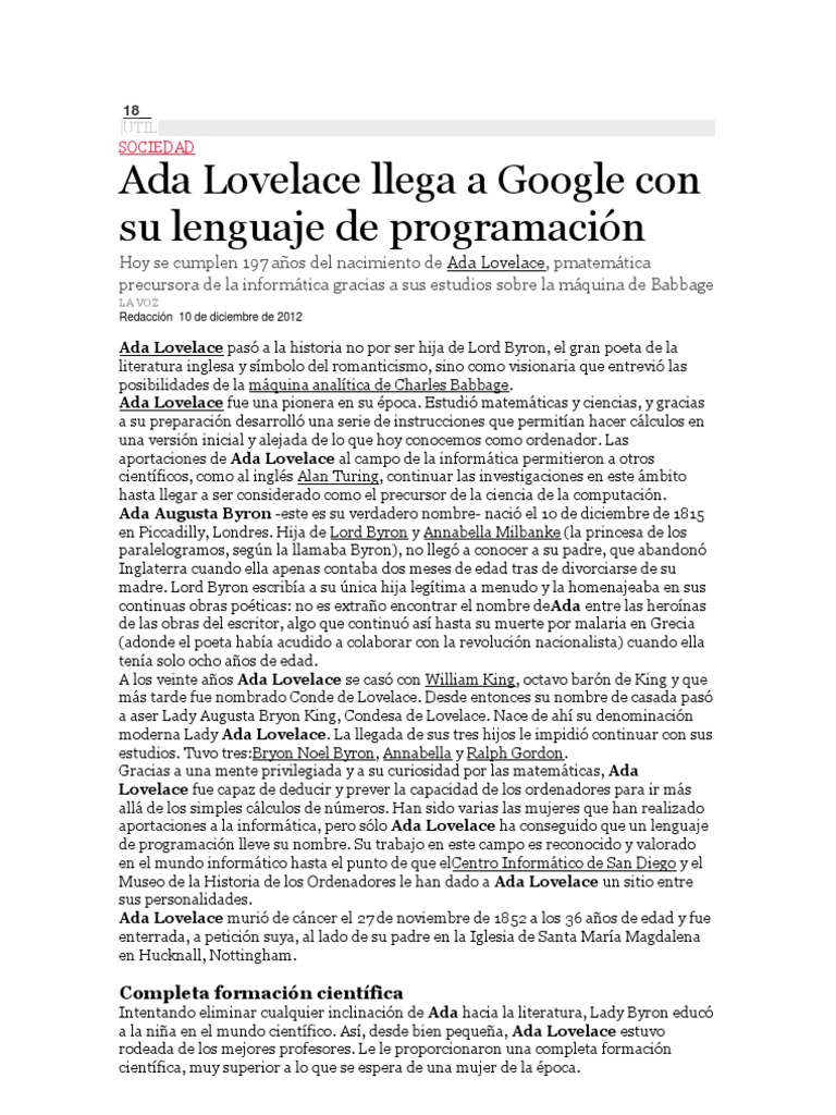Ada Lovelace La Primera Mujer Programadora | PDF | Ciencia y Tecnología ...