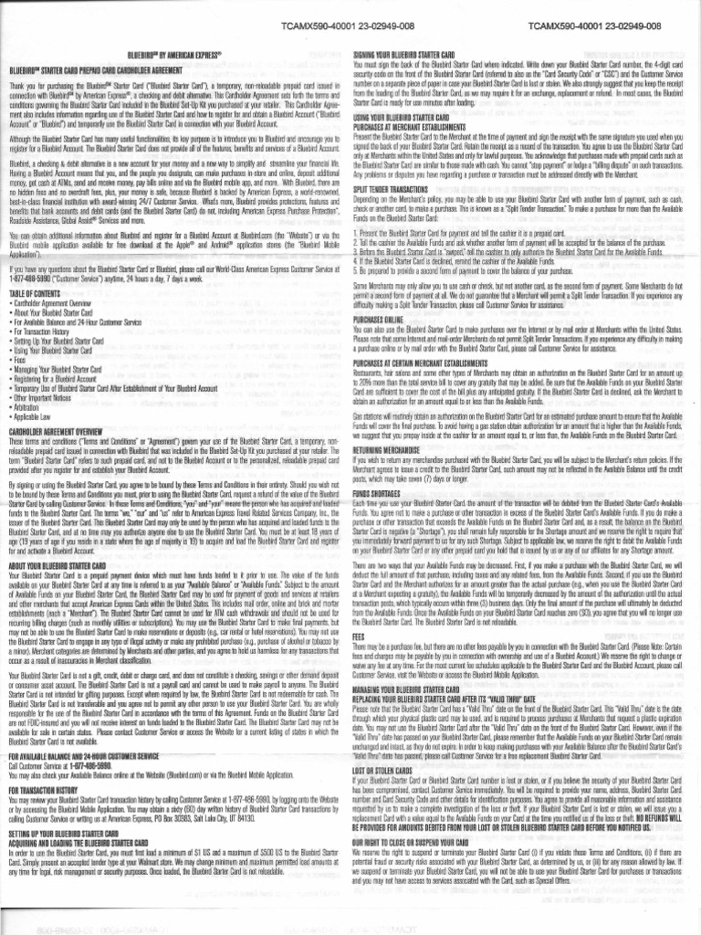 American Express Bluebird Cardholder Agreement | PDF | American Express ...