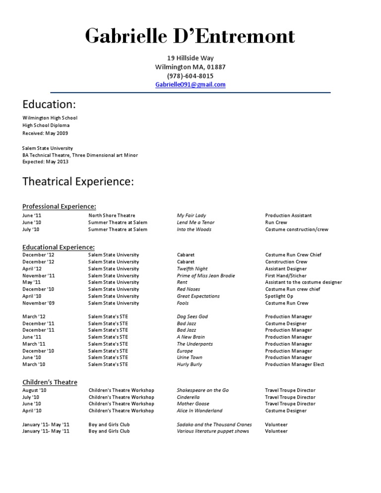 Gabrielle D’Entremont: Theatre Resume | PDF | Art