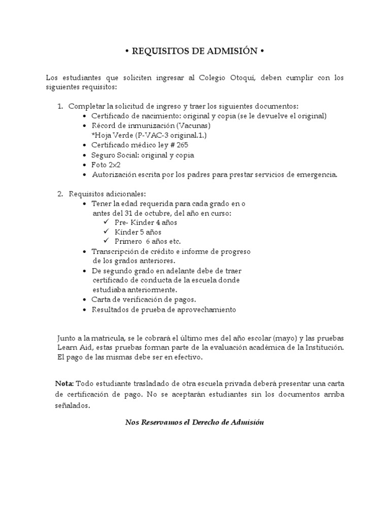 Documentos Admision Otoqui | PDF | Pagos | Business