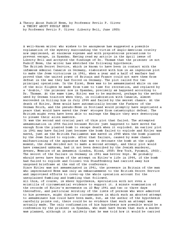 A Theory About Rudolf Hess, by Professor Revilo P Oliver | PDF | Rudolf ...