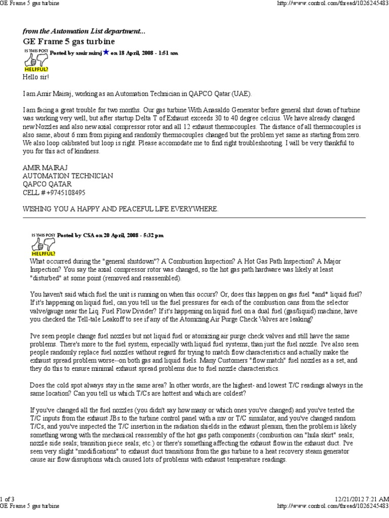 GE Frame 5 Gas Turbine: From The Automation List Department.. | PDF ...