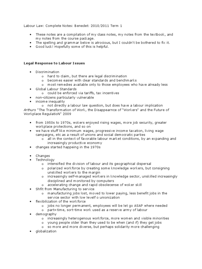 Notes On Labour Laws | PDF | Trade Union | Collective Bargaining