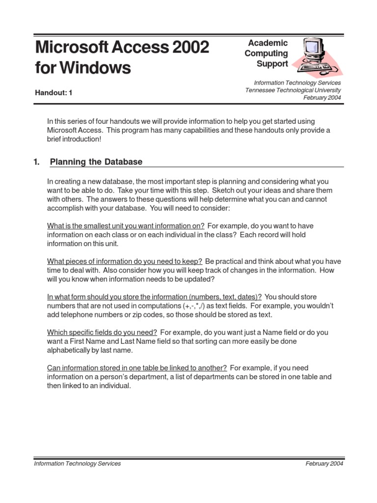 Microsoft Access 2002 Handouts | Download Free PDF | Microsoft Access | Databases