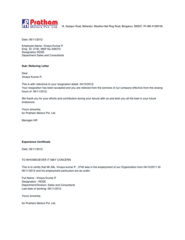 Relieving Letter | PDF