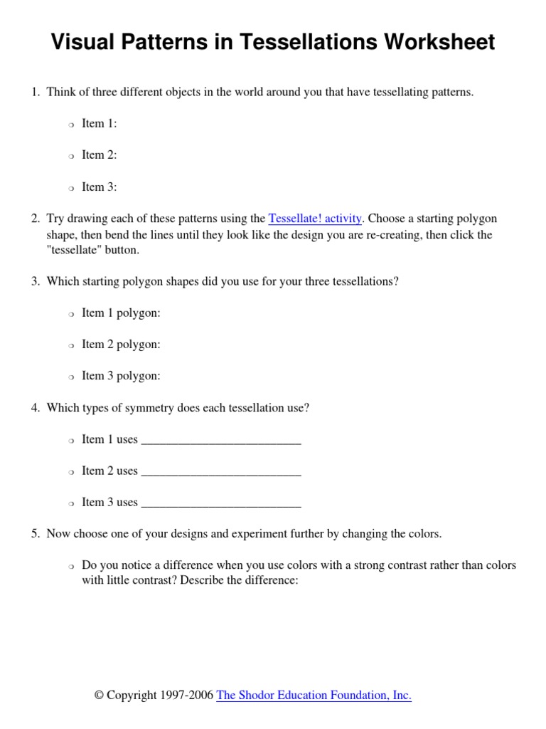 Visual Patterns in Tessellations Worksheet | PDF