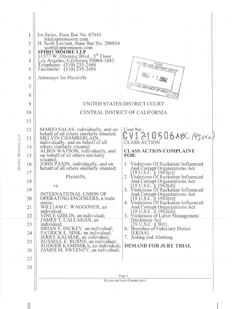 Local 12 Operating Engineers Lawsuit ! 12-07-12 | PDF | Mail And Wire ...