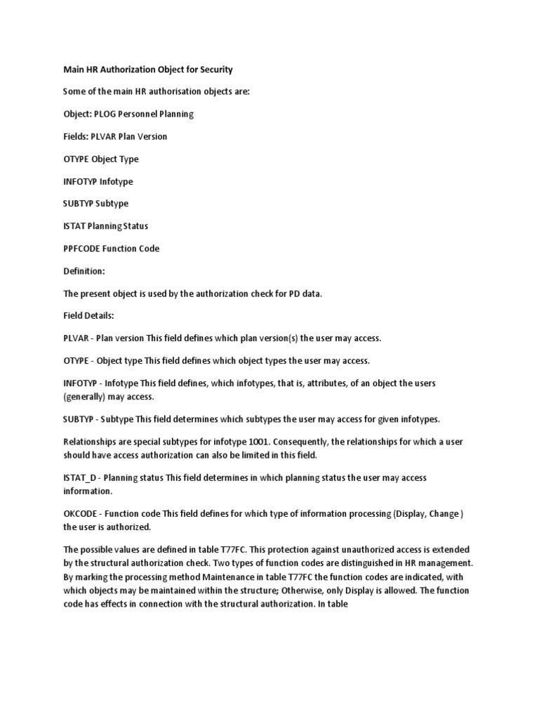 HR Authorization Objects For Security | PDF