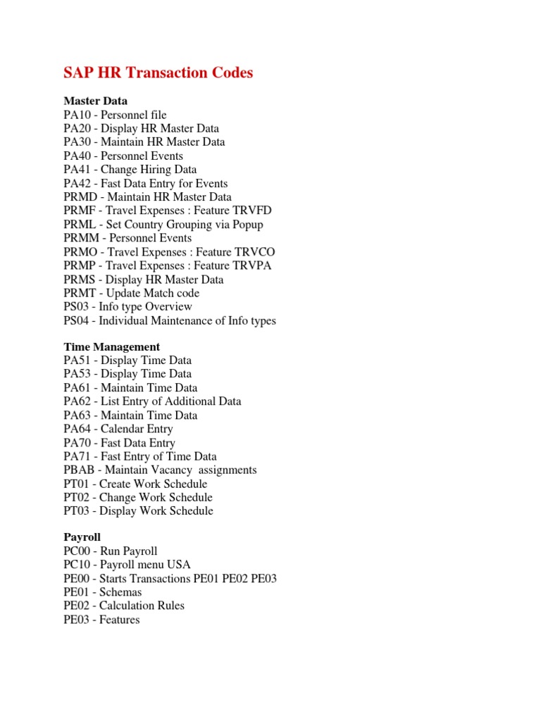SAP HR Transaction Codes: Master Data | PDF