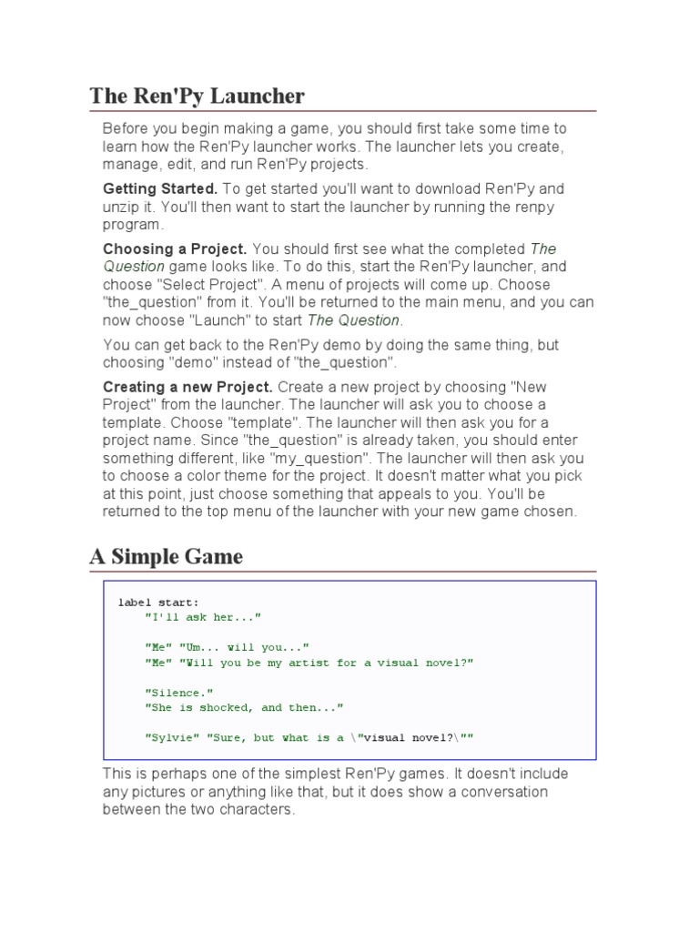 The Ren'Py Launcher: Getting Started. To Get Started You'll Want To ...