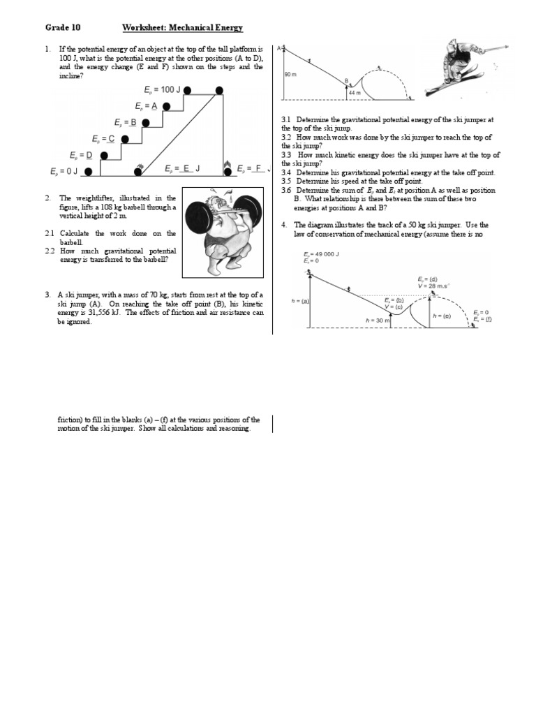 Grade 10 Mechanical Energy Worksheet | PDF