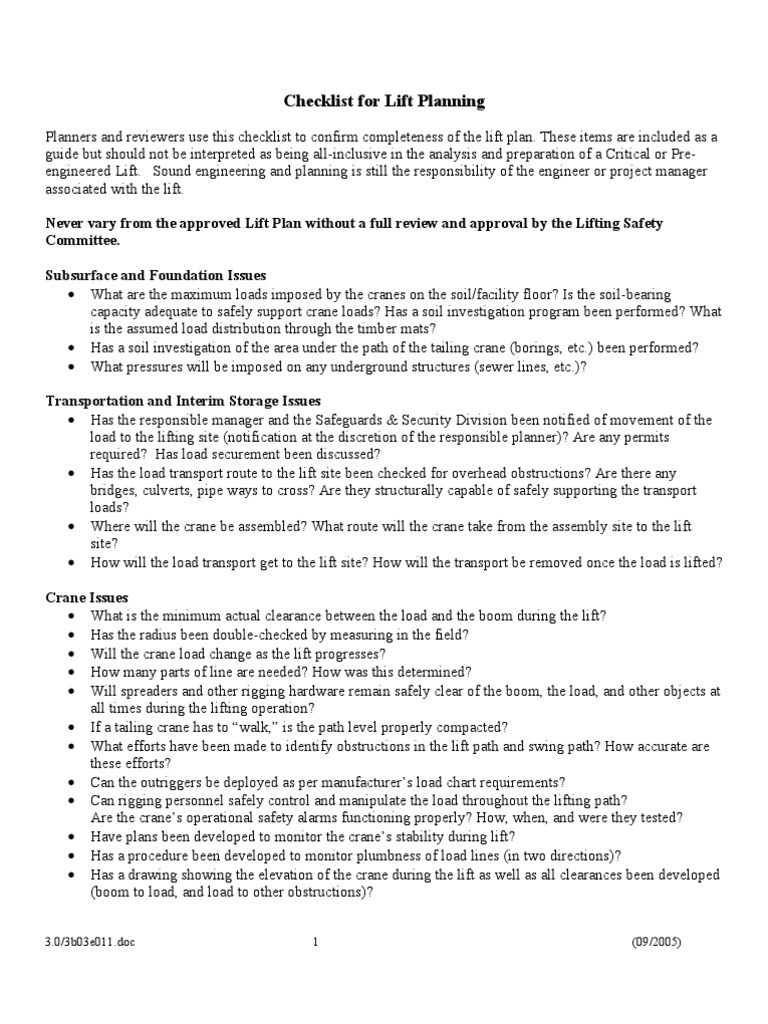 Lift Plan Checklist | PDF | Crane (Machine) | Elevator