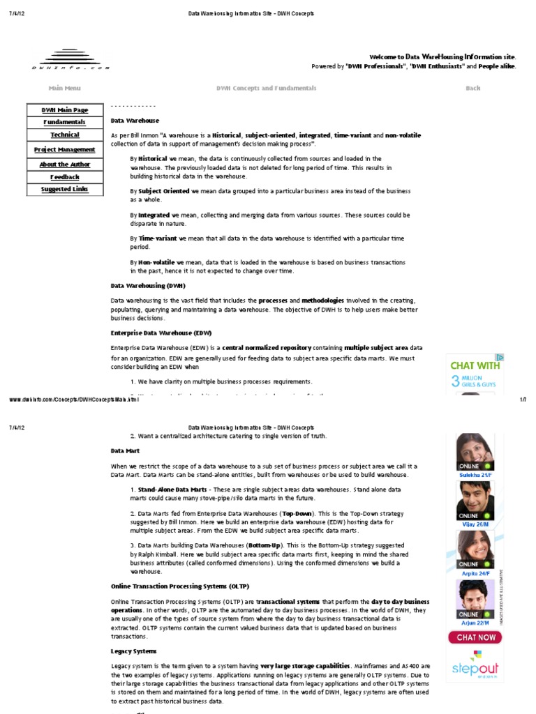D W H Info: Main Menu DWH Concepts and Fundamentals Back | PDF | Data Warehouse | Business ...