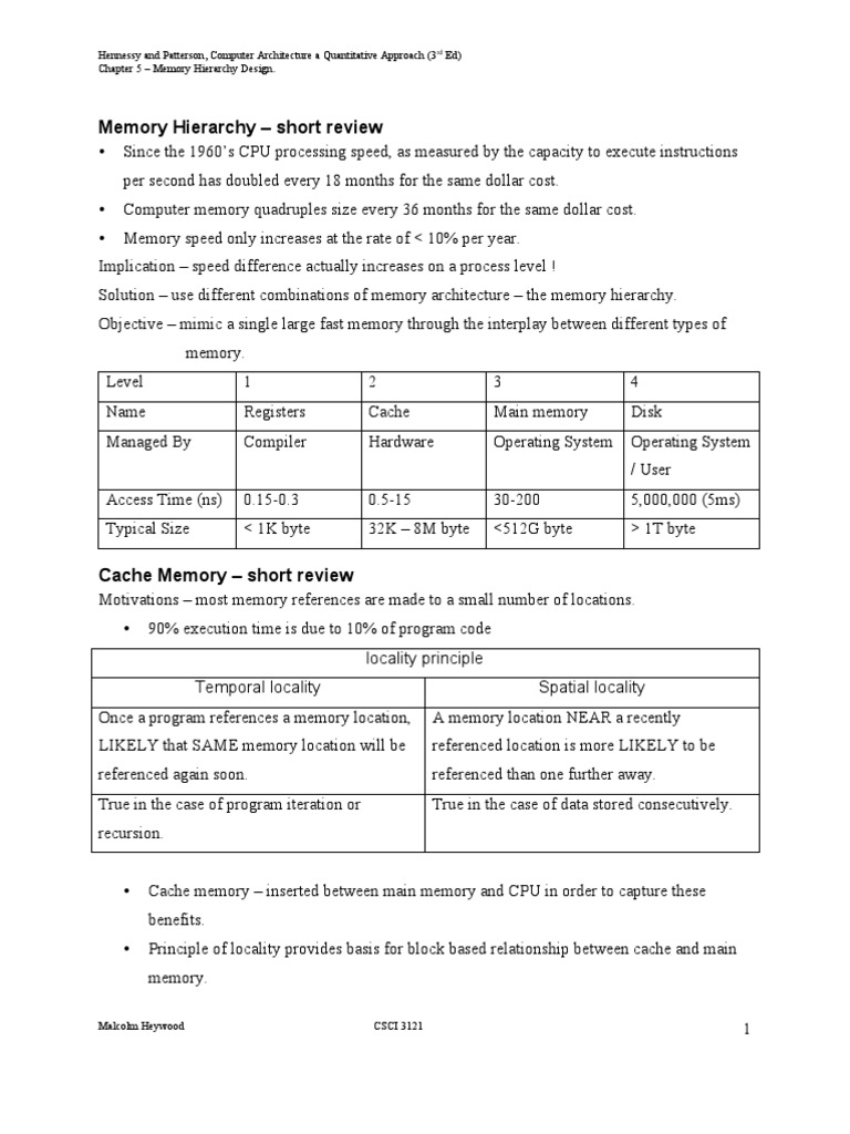 Memory Hierarchy - Short Review | PDF | Cpu Cache | Central Processing Unit