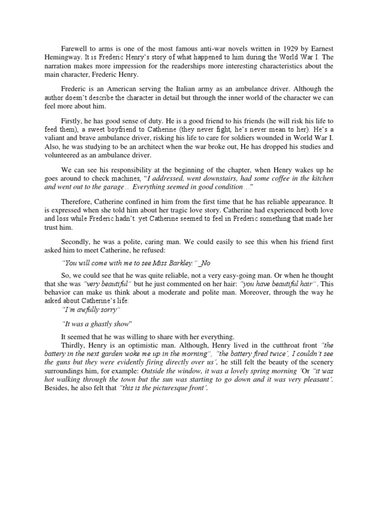 Analyze The Hero Characteristics of Frederic Henry in Farewell To Arms ...