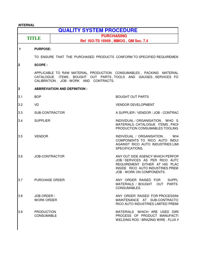 Quality System Procdures | PDF | Quality Assurance | Specification ...