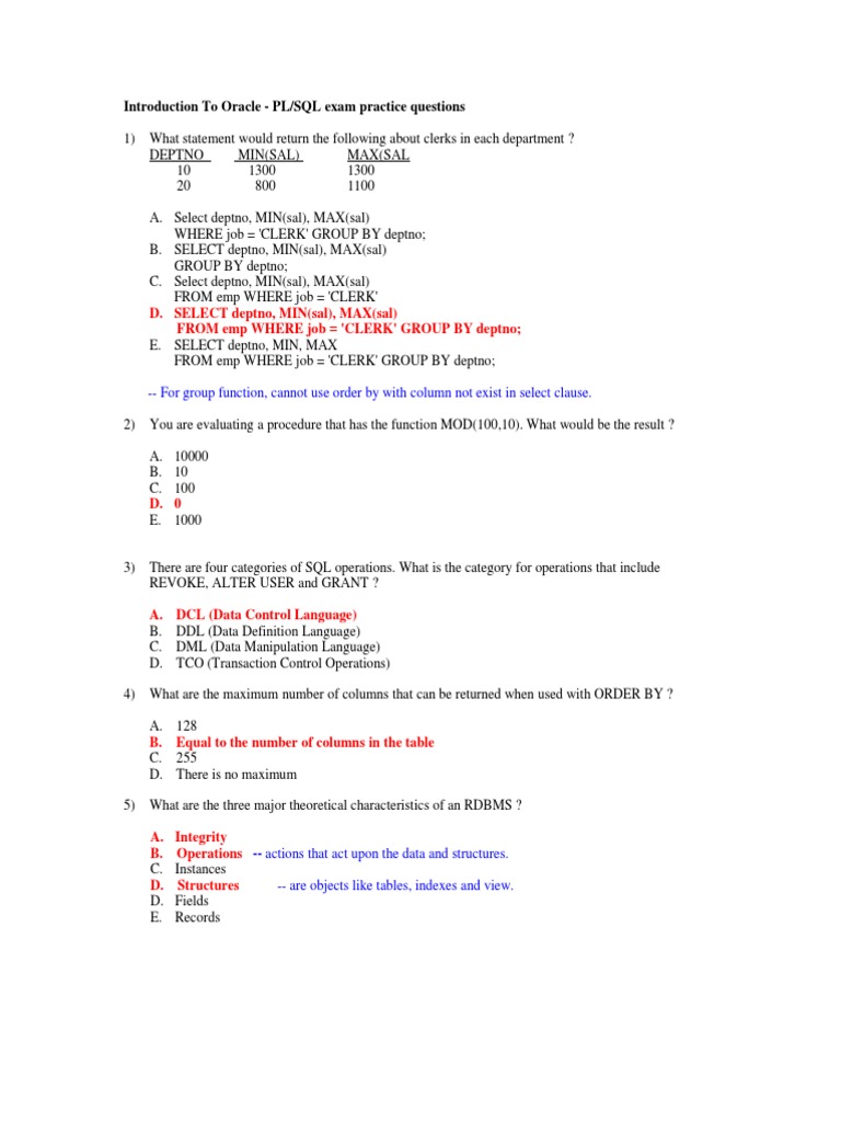 Introduction To Oracle - PL/SQL Exam Practice Questions | PDF | Pl/Sql | Database Index