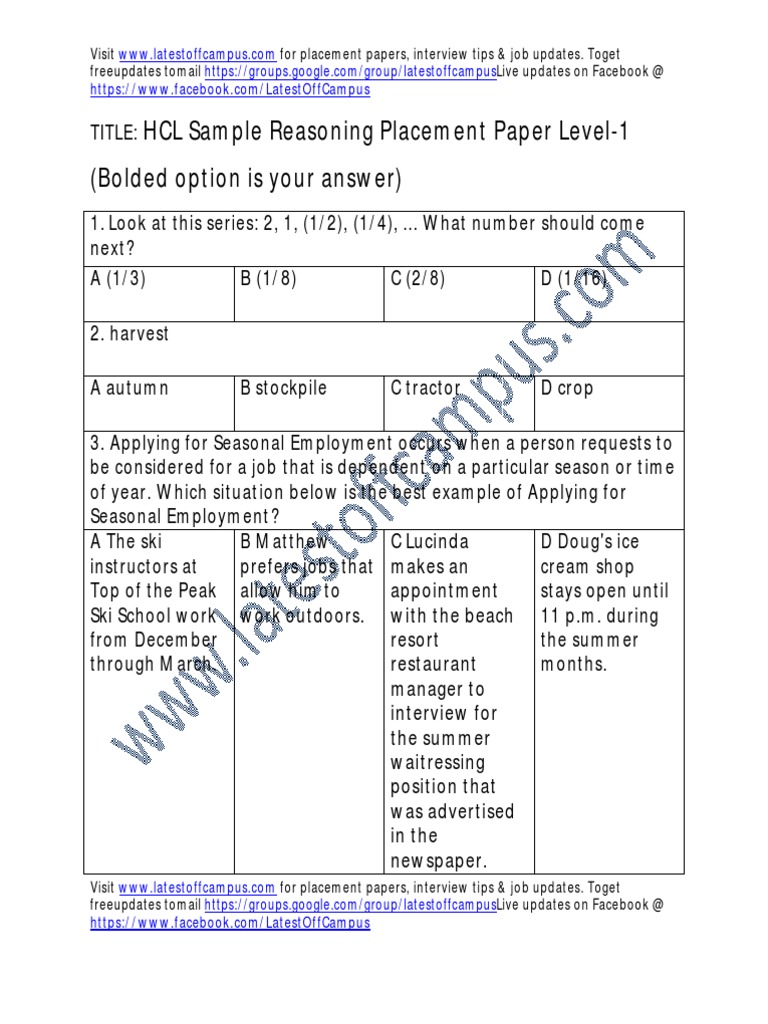 HCL Sample Reasoning Placement Paper Level-1 (Bolded Option Is Your ...