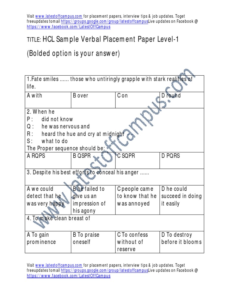 HCL Sample Verbal Placement Paper | PDF