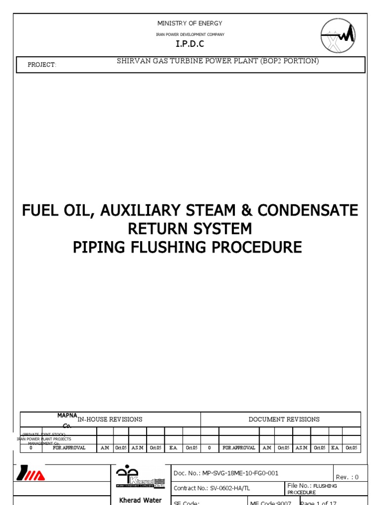 Fuel Oil, Auxiliary Steam & Condensate Return System Piping Flushing ...