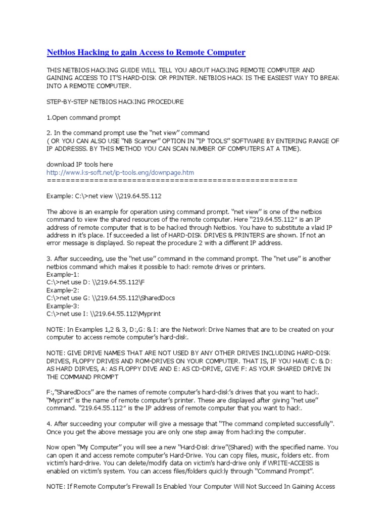 Netbios Hacking To Gain Access To Remote Computer | PDF | Hard Disk Drive | Command Line Interface