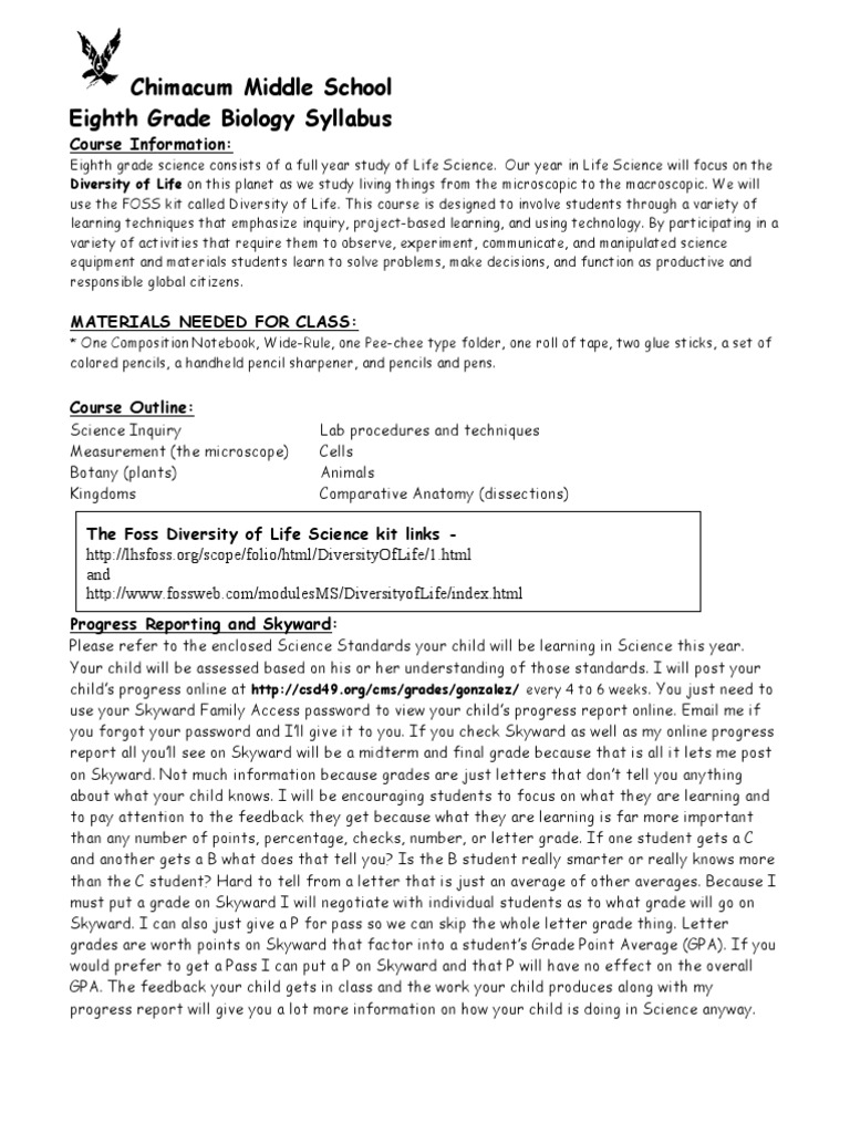 Chimacum Middle School Eighth Grade Biology Syllabus: Course ...